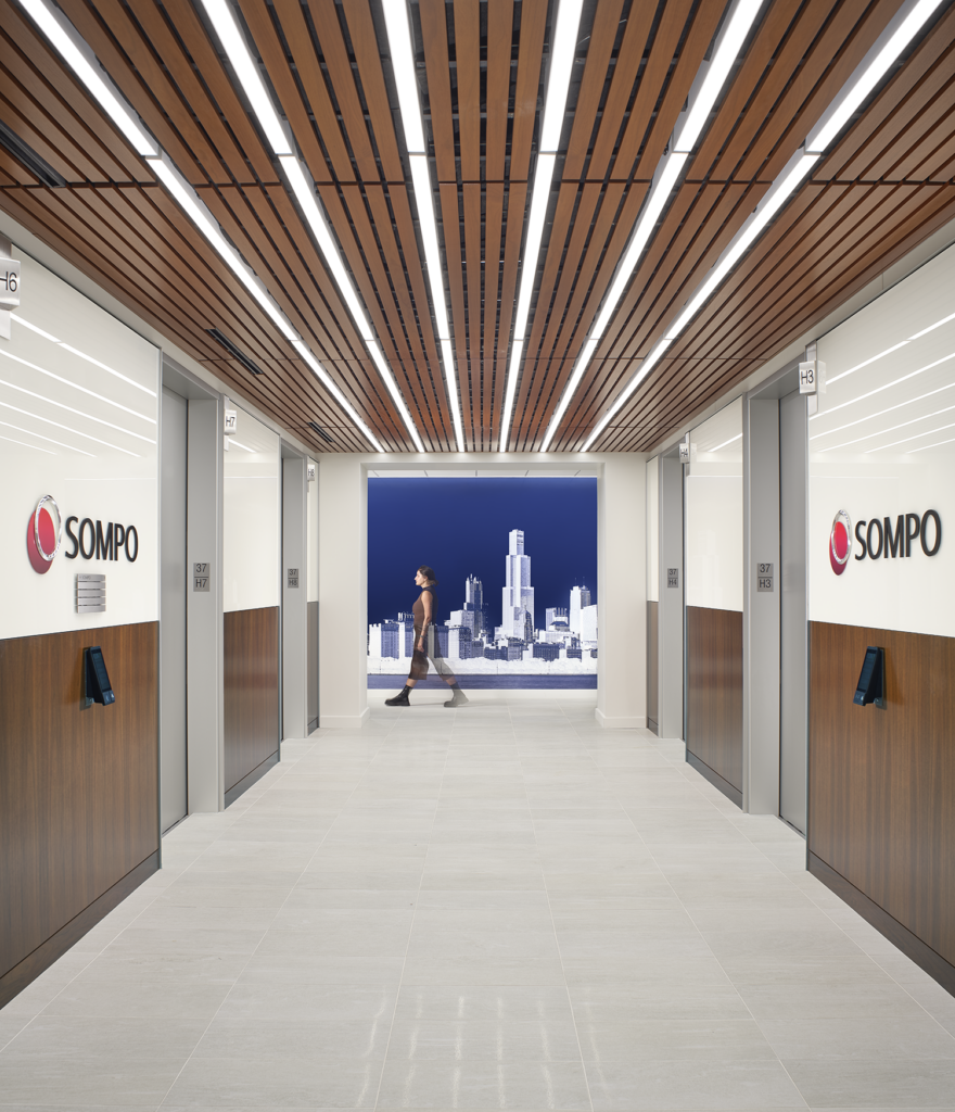 sompo international-office relocation 155 n wacker_elevator lobby wall ...